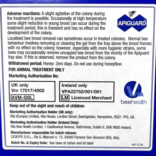 Apiguard Trays - Varroa Control - By Vita - Exp. March 2028